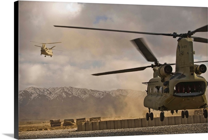 US Army CH-47 Chinook helicopters depart a military base in Afghanistan ...