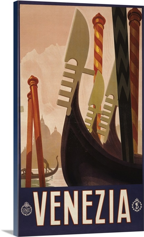Vintage Travel Poster Of The Decorative Prows Of Gondolas On A Canal In ...